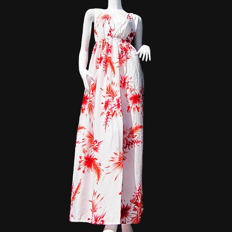 Robe longue fleurie blanc et rouge